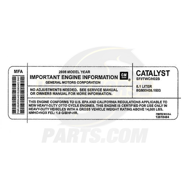 12618494 - Label-vehicle Emission Control Information - Workhorse Parts